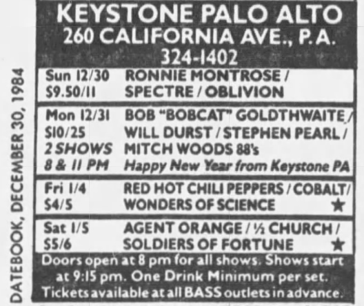 January 4, 1985 · The Keystone, Palo Alto, CA · RHCP Live Archive