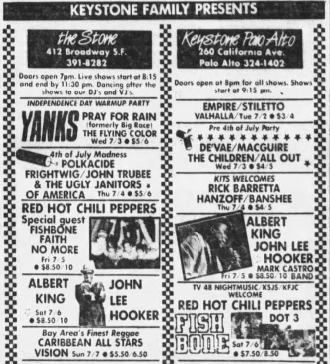 July 6, 1985 · The Keystone, Palo Alto, CA · RHCP Live Archive