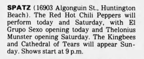 September 7, 1985 · Spatz, Huntington Beach, CA · RHCP Live Archive
